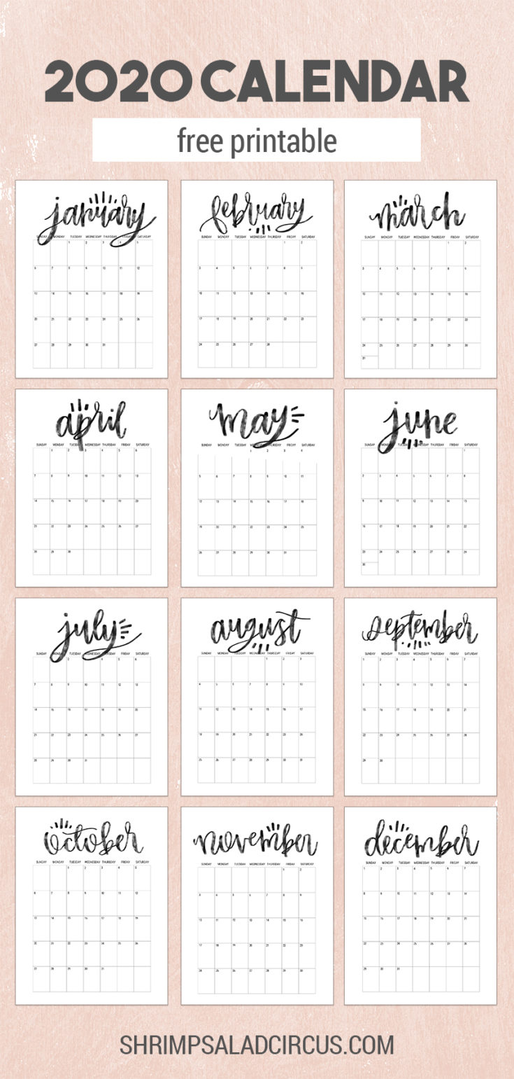 Monthly Free 2020 Printable Calendar - Shrimp Salad Circus